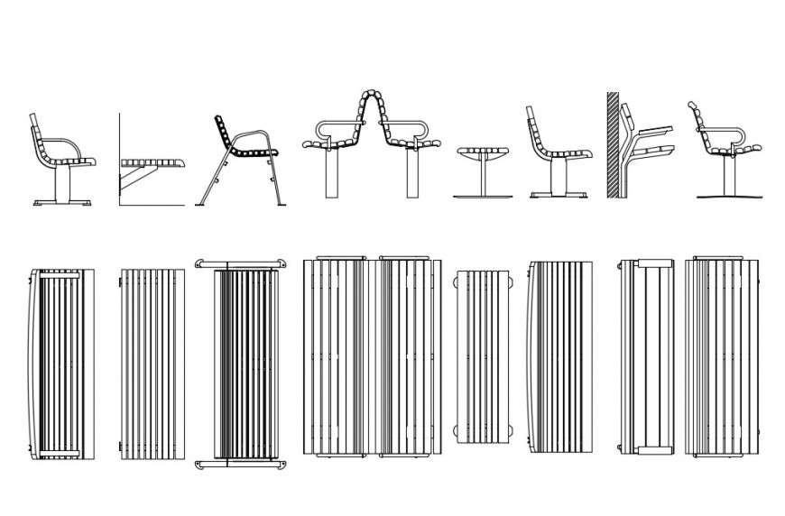 CAd drawings details of top elevation of park bench - Cadbull